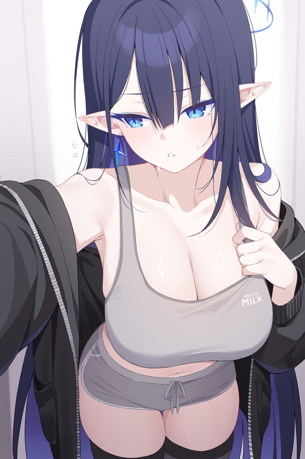 deyui blue archive nanagami rin bra halo open shirt pointy ears selfie thighhighs | #1239815 ...
